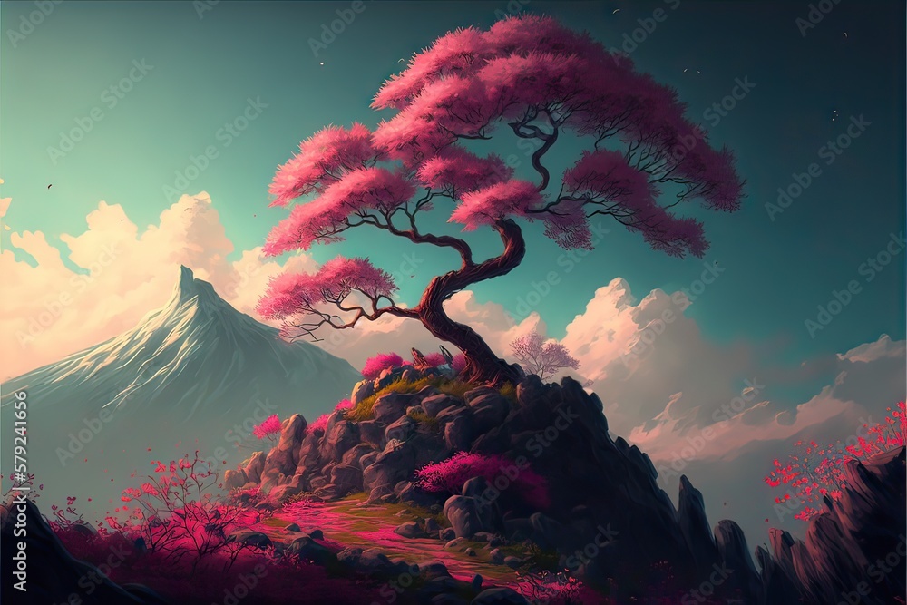 Cherry blossom tree on top of Zhangjiajie mossy peaks. Generative ai ...