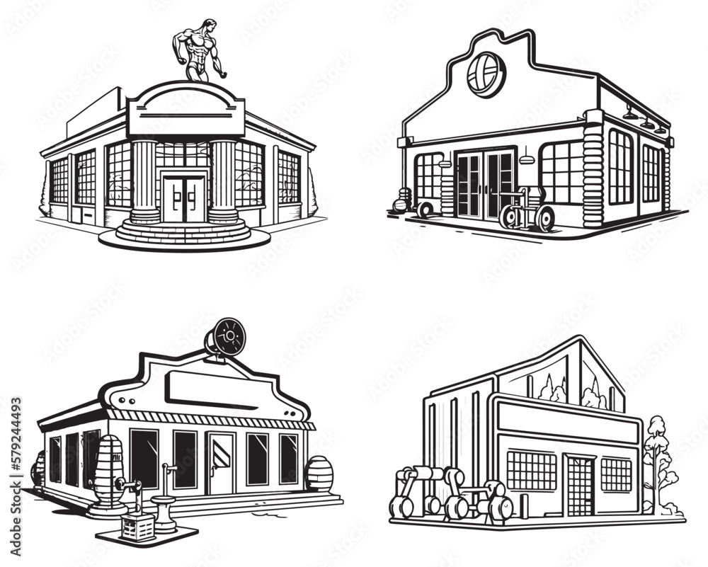 Vetor de Gym and fitness center, Party center, night club buildings ...