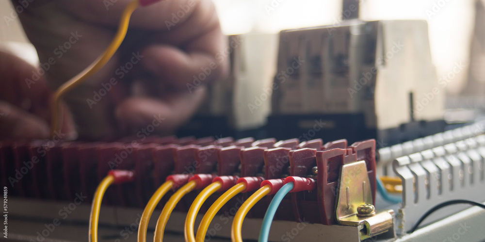 Electrical panel with contactors and wires close-up. Selective focus ...