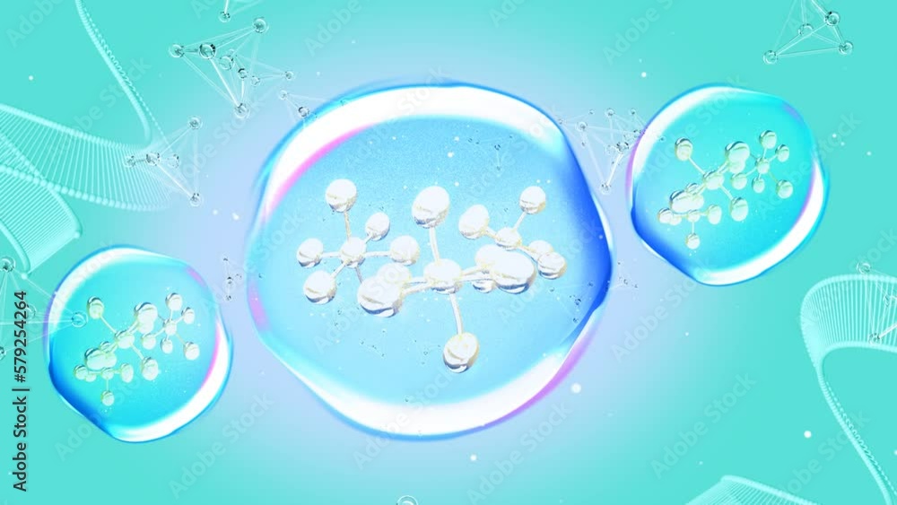 Cosmetic Essence, Liquid bubble, Molecule inside Liquid Bubble on water ...