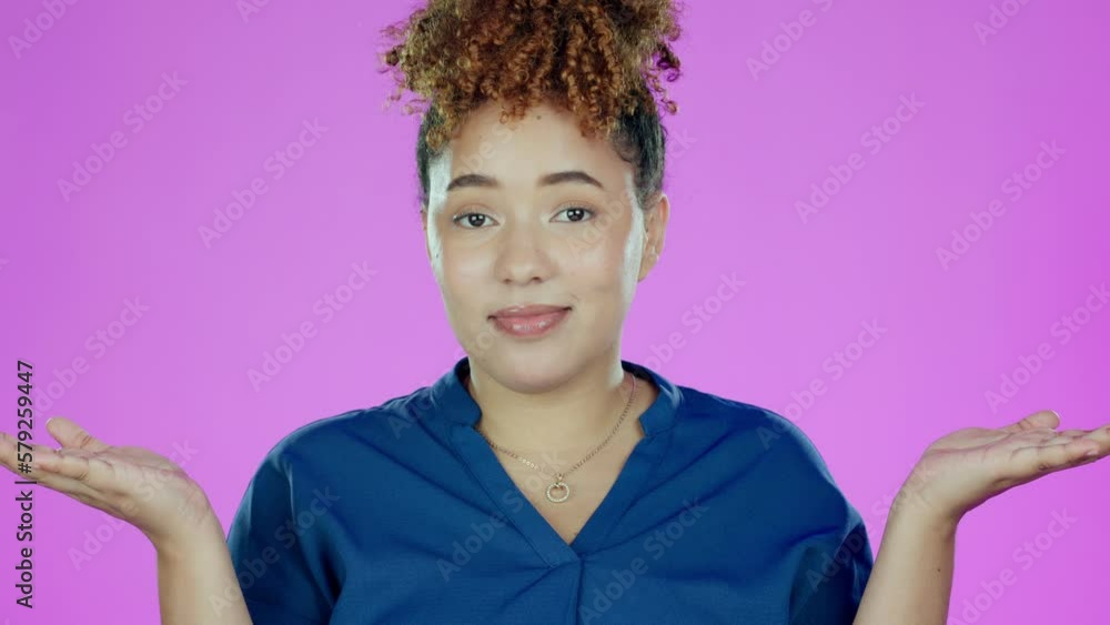 Vidéo Stock Face, confused woman and shrugging in studio, background ...