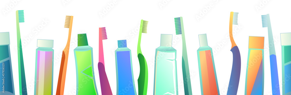 Tubes of toothpaste and toothbrushes. Seamless bottom border. Cartoon ...