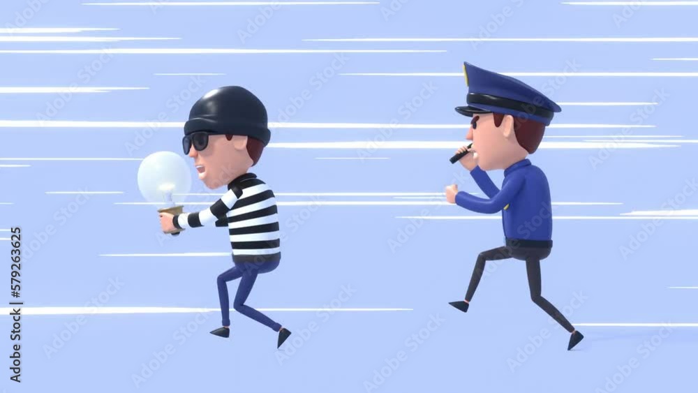 3d loop animation of a policeman chasing thief running away with stolen ...