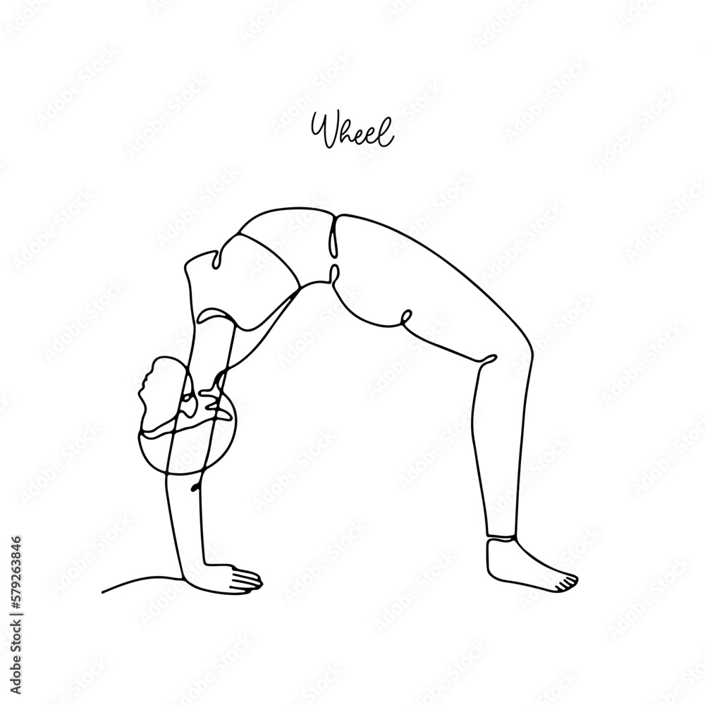 Single line drawing of a girl in wheel yoga pose with name text. Linear ...