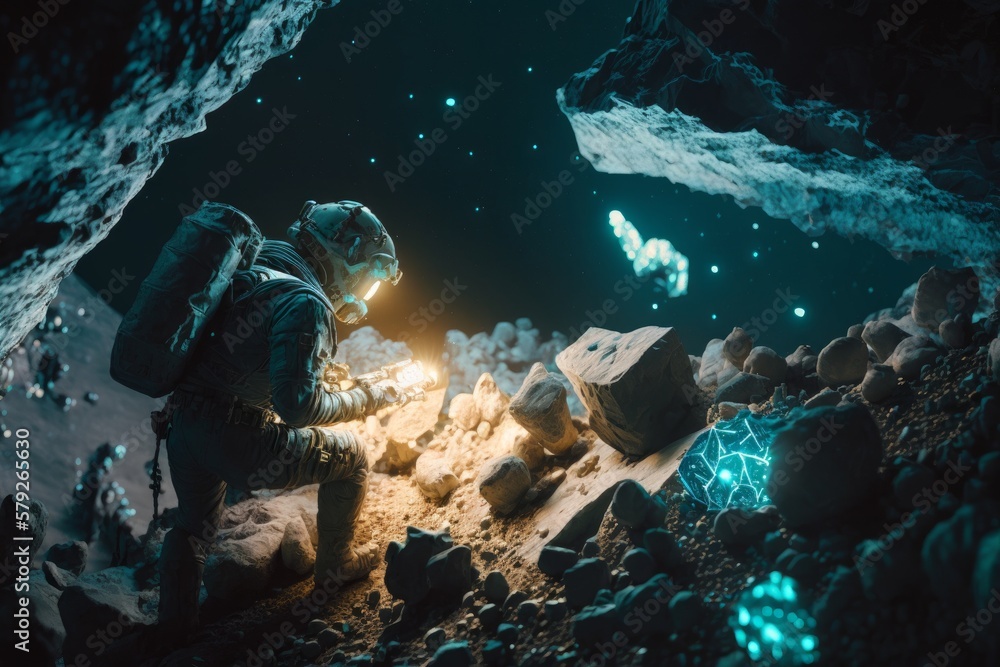 Astronaut in space suit exploring an asteroid cave. Artwork decoration Generative AI Stock ...