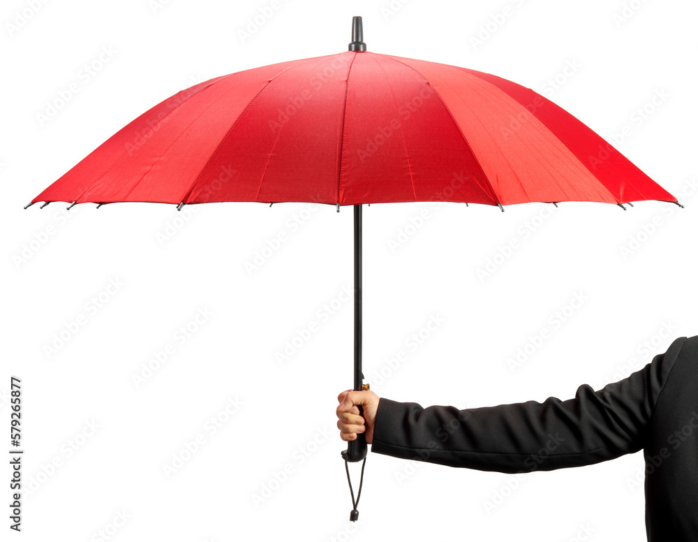 Hand Holding red color umbrella isolated on white background, Hand ...