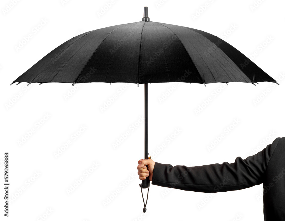 Hand Holding Black color umbrella isolated on white background, Hand ...