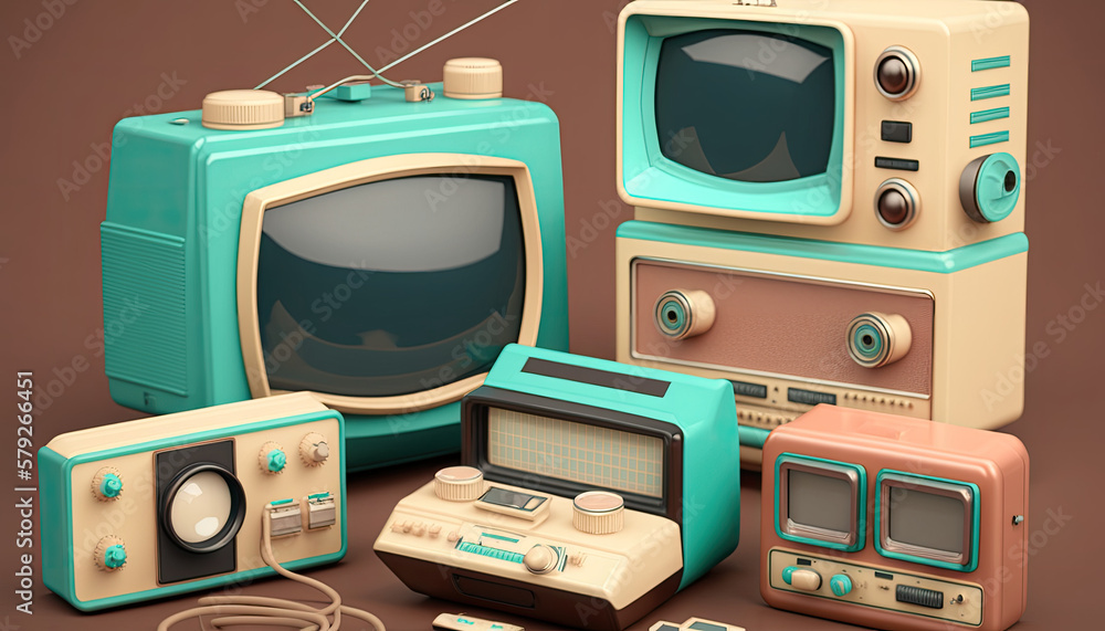 Vintage Retro electronics set. Nostalgic collectibles radio, tv ...