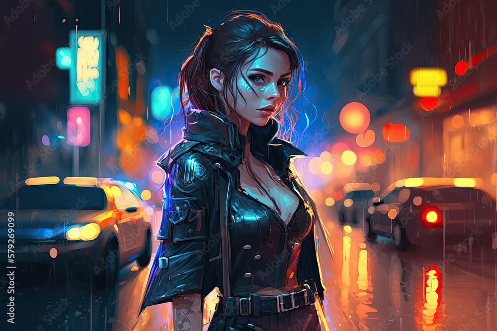 Sexy Beautiful Girl Cop Of Future On Street In Cyberpunk Style Generative Ai Stock Illustration