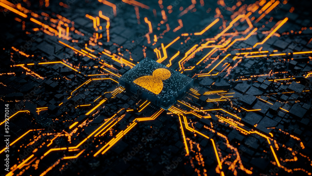 Social Technology Concept with user symbol on a Microchip. Data flows ...