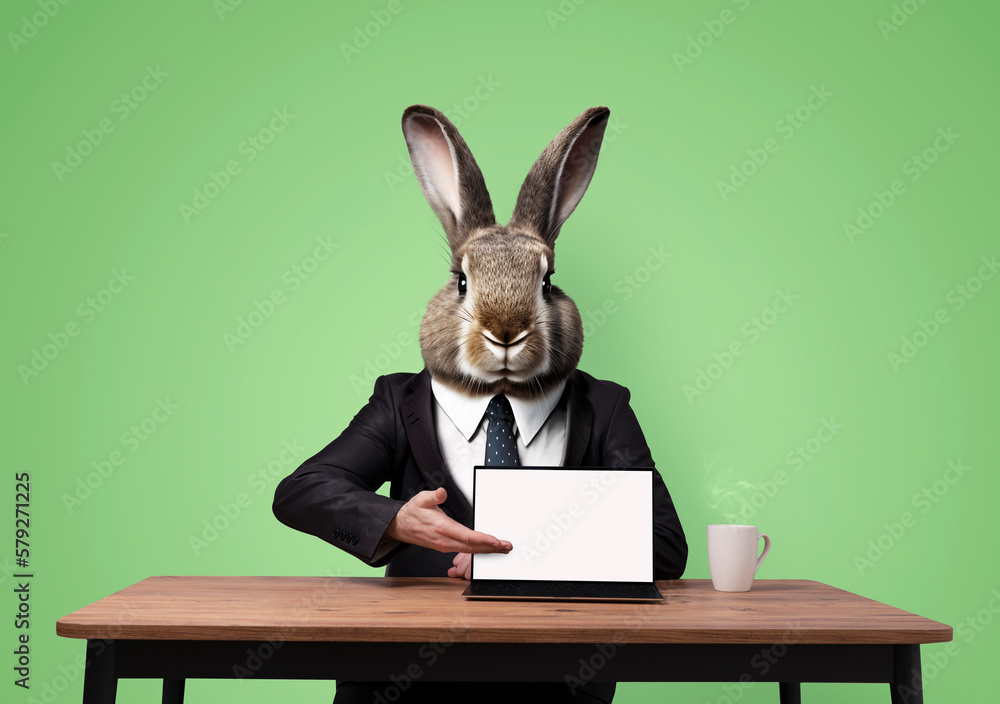 Rabbit in a suit pointing at a laptop, on green background. Rabbit head ...