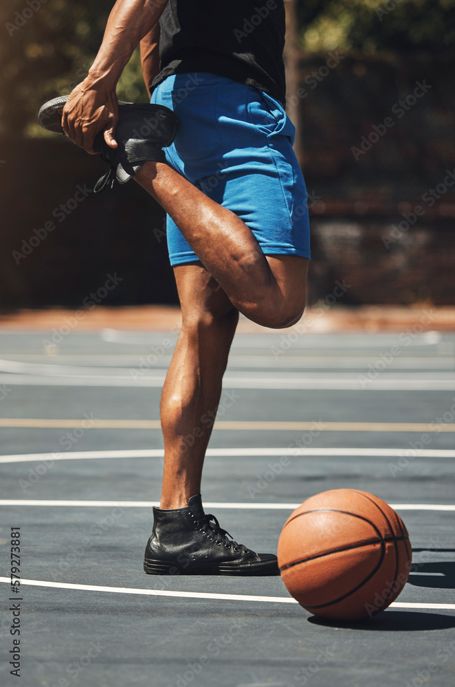 Fitness, basketball and man stretching legs on outdoor court for muscle ...