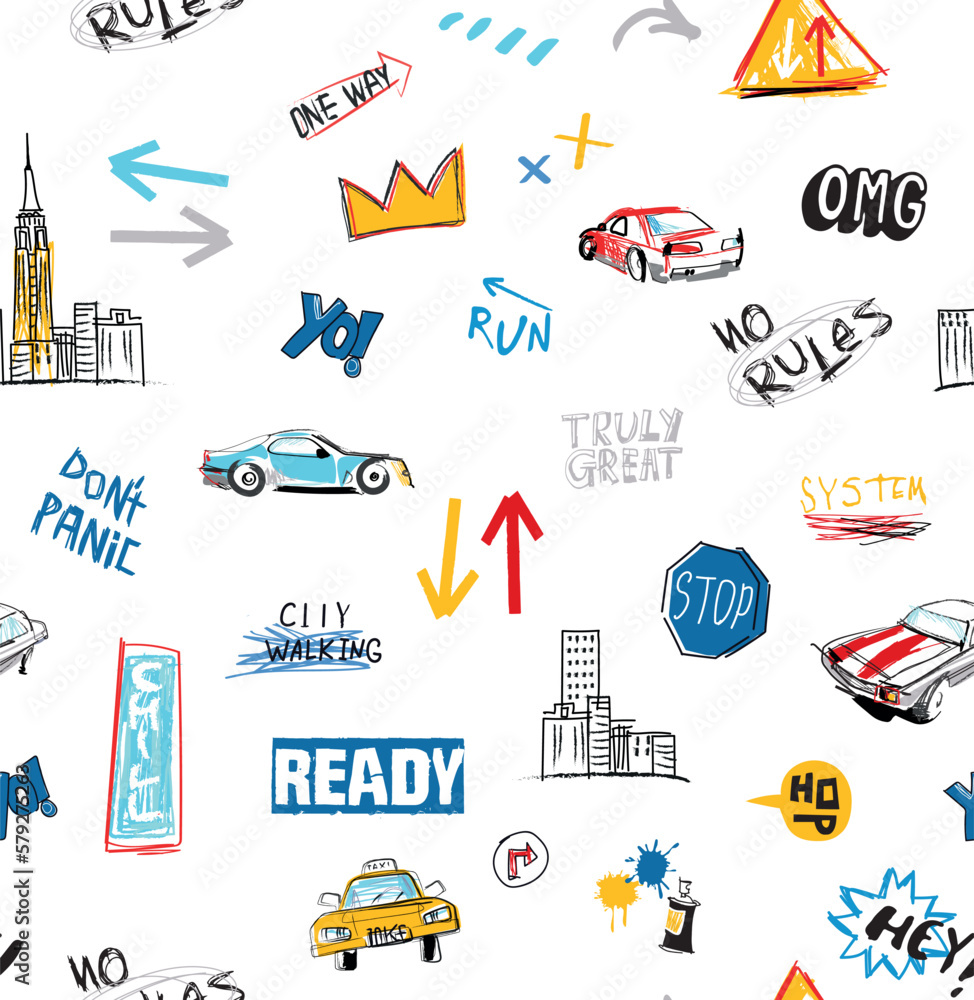 Hand drawn city seamless pattern with cars, signs, Park, houses on a ...
