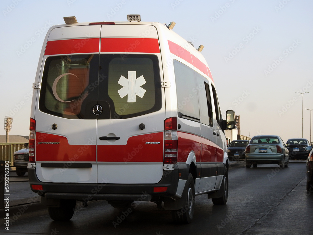 Cairo, Egypt, March 8 2023: Mercedes Ambulance on road responding for ...