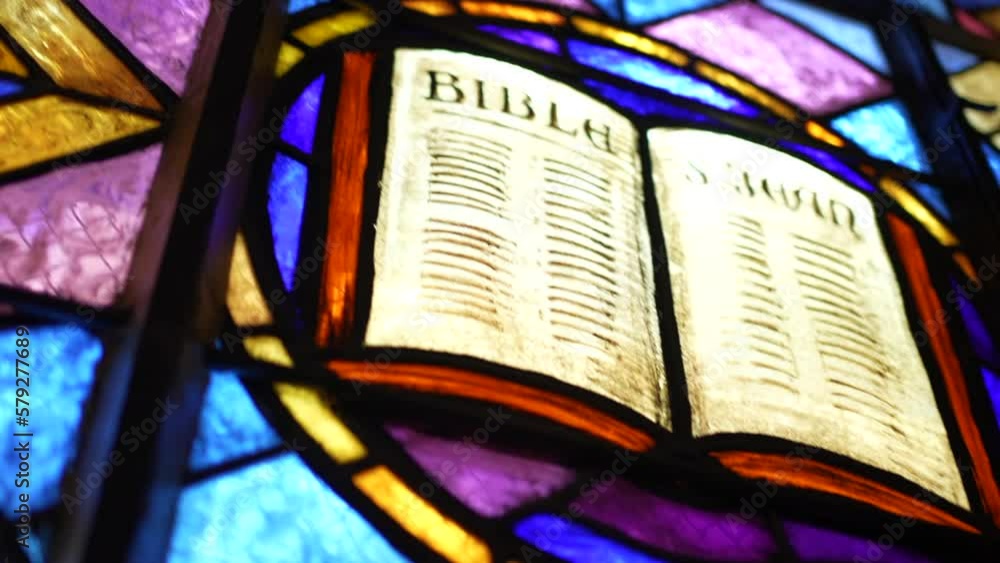 Stained glass windows with Bible scriptures represented. Christian ...