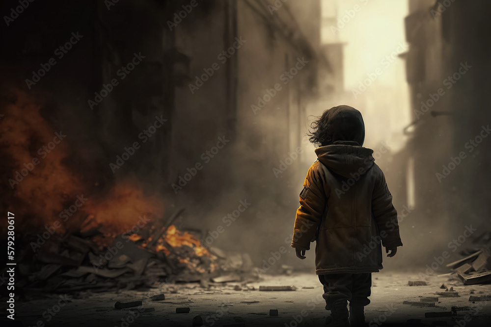 child on street of bombed city in burning ruins. concept no war ...