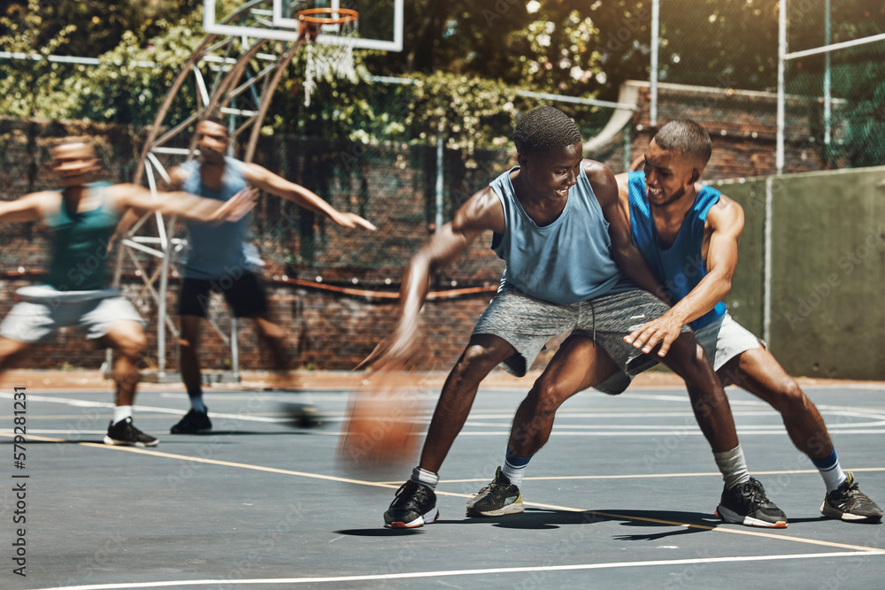 Training, basketball and friends at a basketball court, having fun in ...