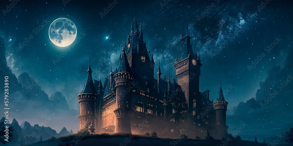 grand castle with spires reaching into the clouds, set against a starry ...