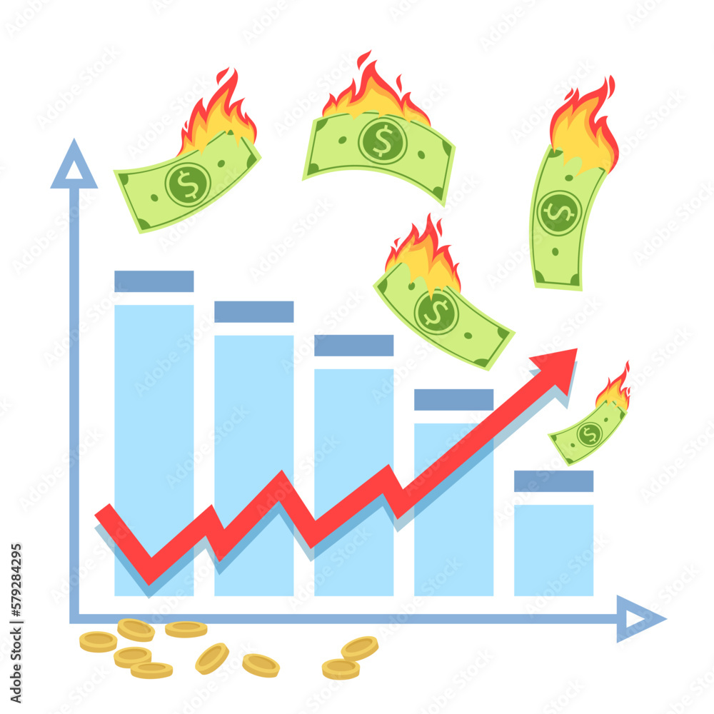 Chart with upward arrow and burning money vector illustration. Rising ...
