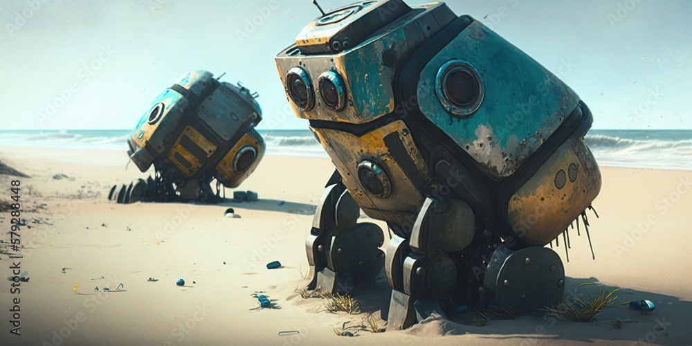 beach where autonomous trash collecting robots patrol shoreline picking ...