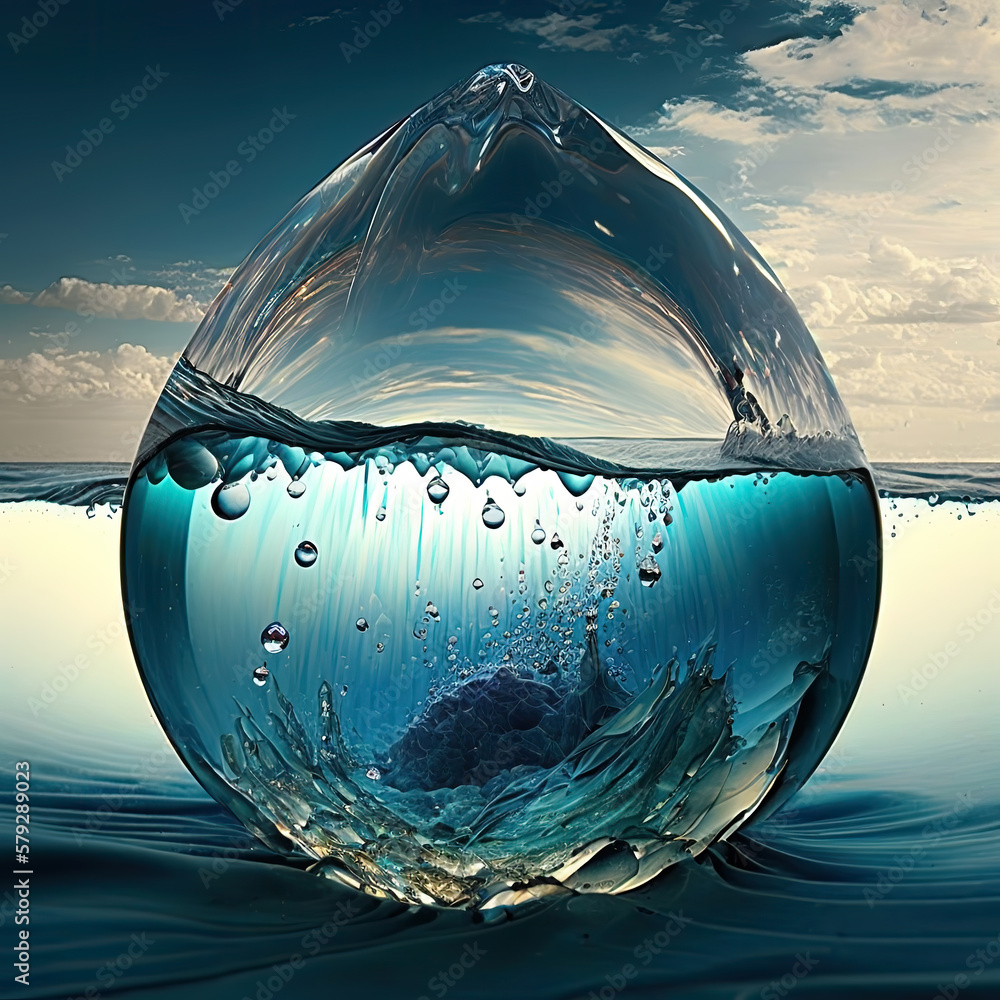 World water day. Realistic drop of water falling on blue sea background ...