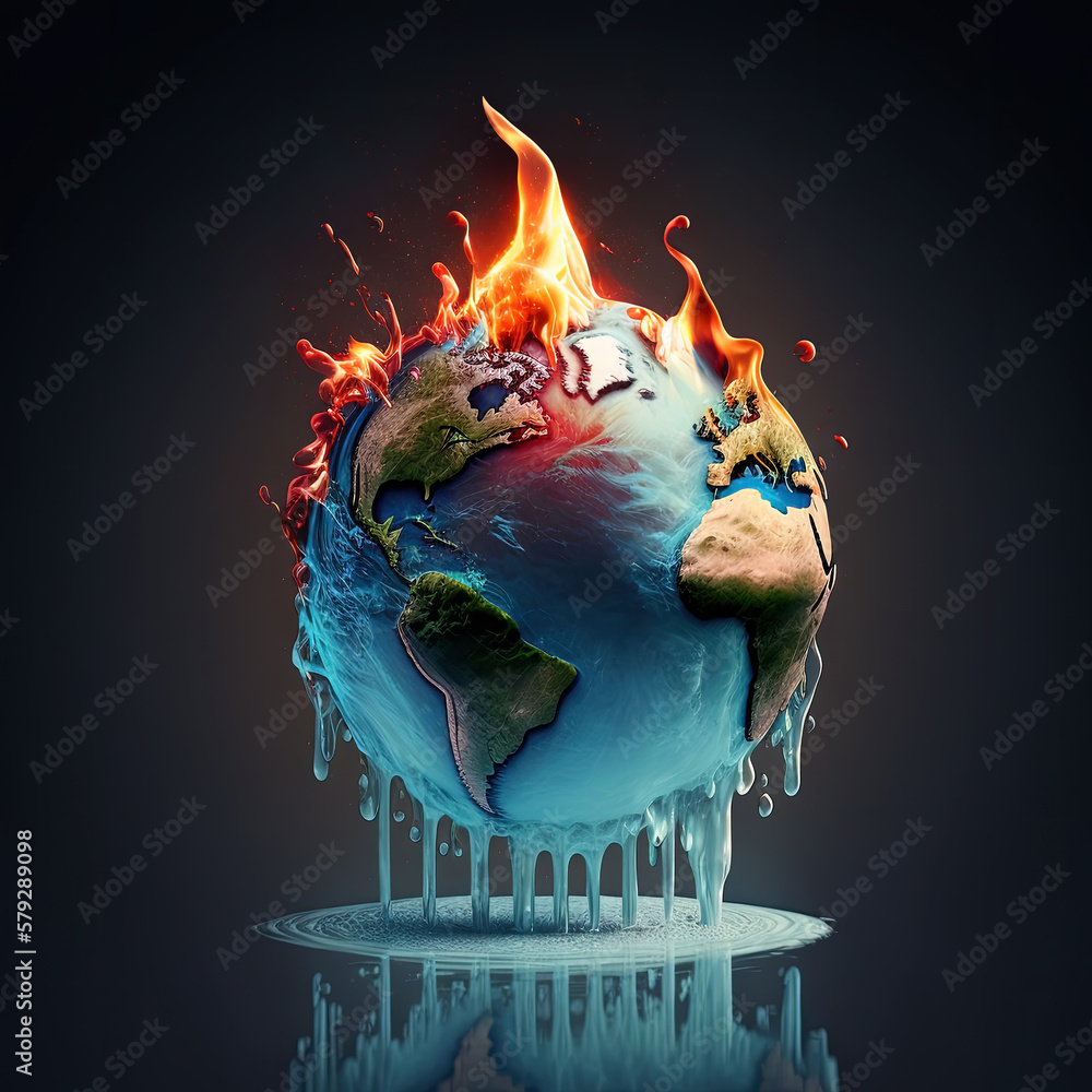 Conceptual image of planet earth burning and frozen due to climate ...