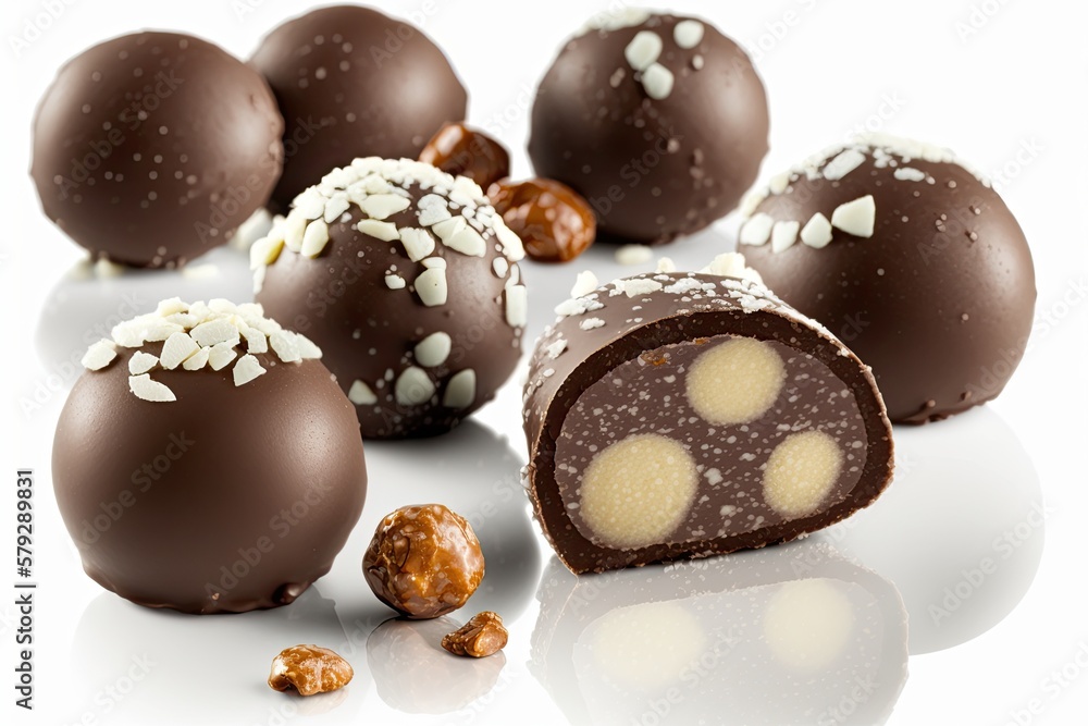 Chocolate dragees with sugared hazelnuts on a white background ...