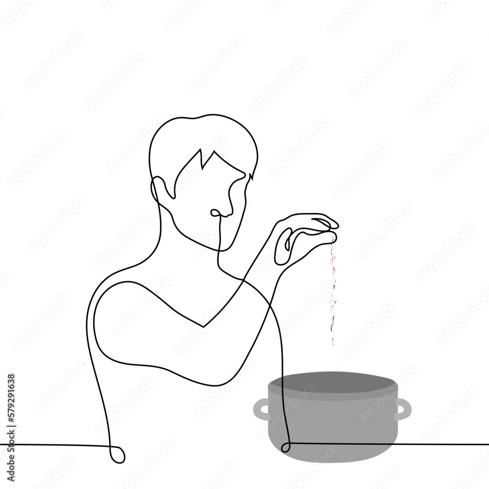 man pouring a pinch of spices into a saucepan - one line drawing ...