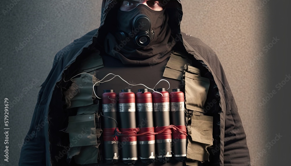Suicide bomber terrorist in mask with explosives sticks on chest ...