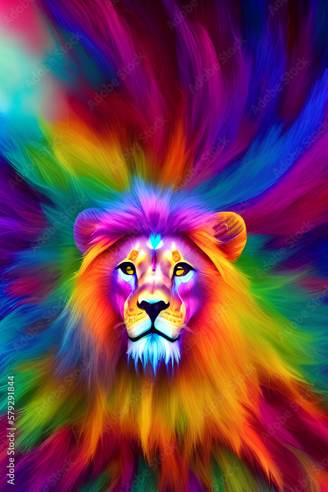 colorful Loin, Fantasy, iridescent fantasy exotic feathered lion animal ...