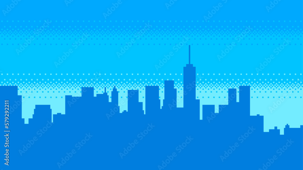 Pixel art city silhouette. 8 bit style vector illustration. Stock ...