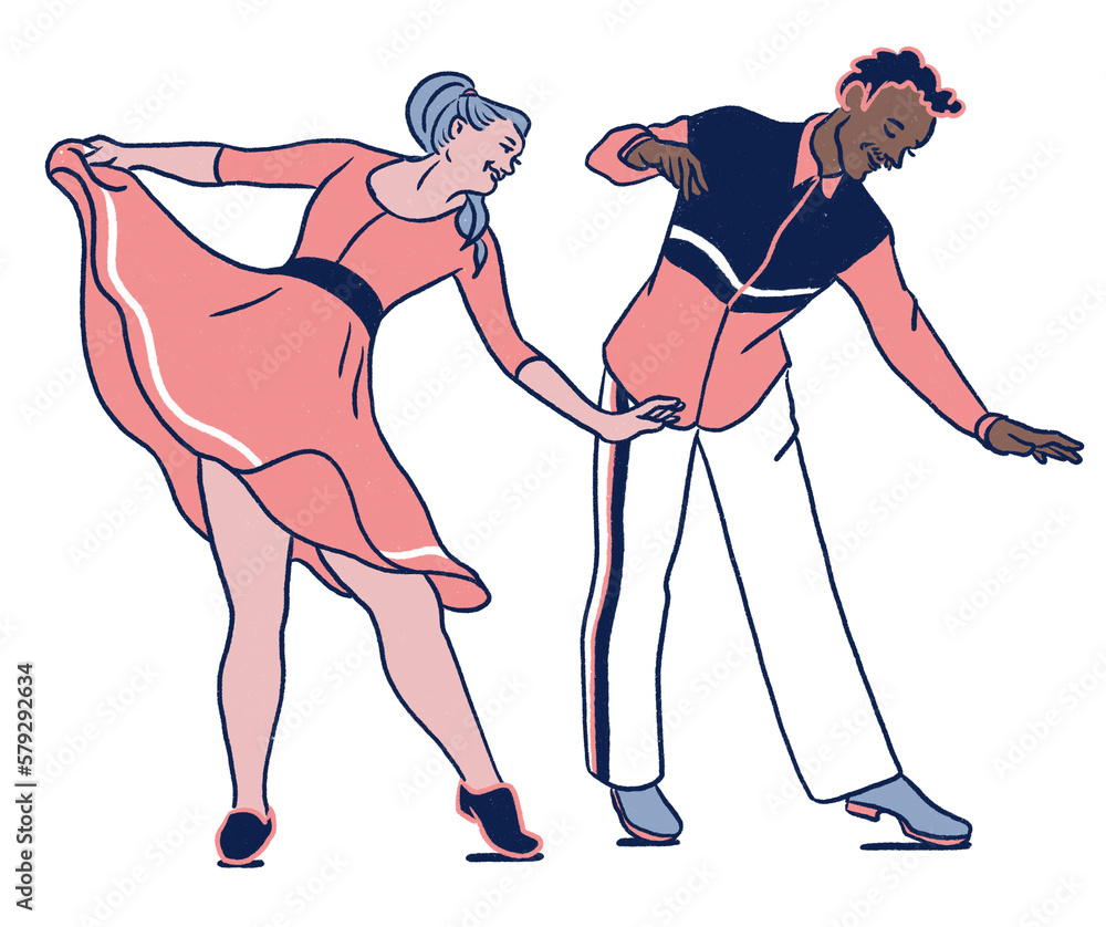 two people happy swing dance together - white woman and black man ...