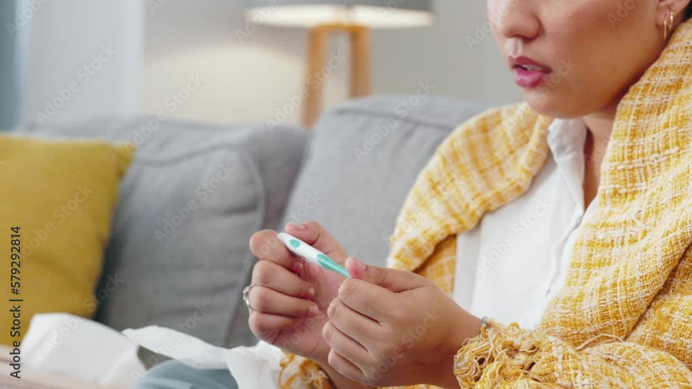 Woman, hands and thermometer checking fever, temperature or flu on ...