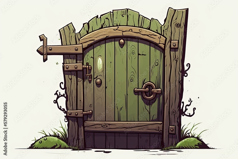 Cartoonish cartoony illustration of an old wooden door in a retro style ...