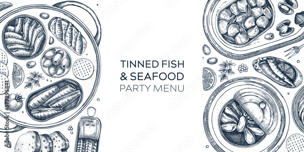 Hand drawn canned fish border design. Vector seafood background ...