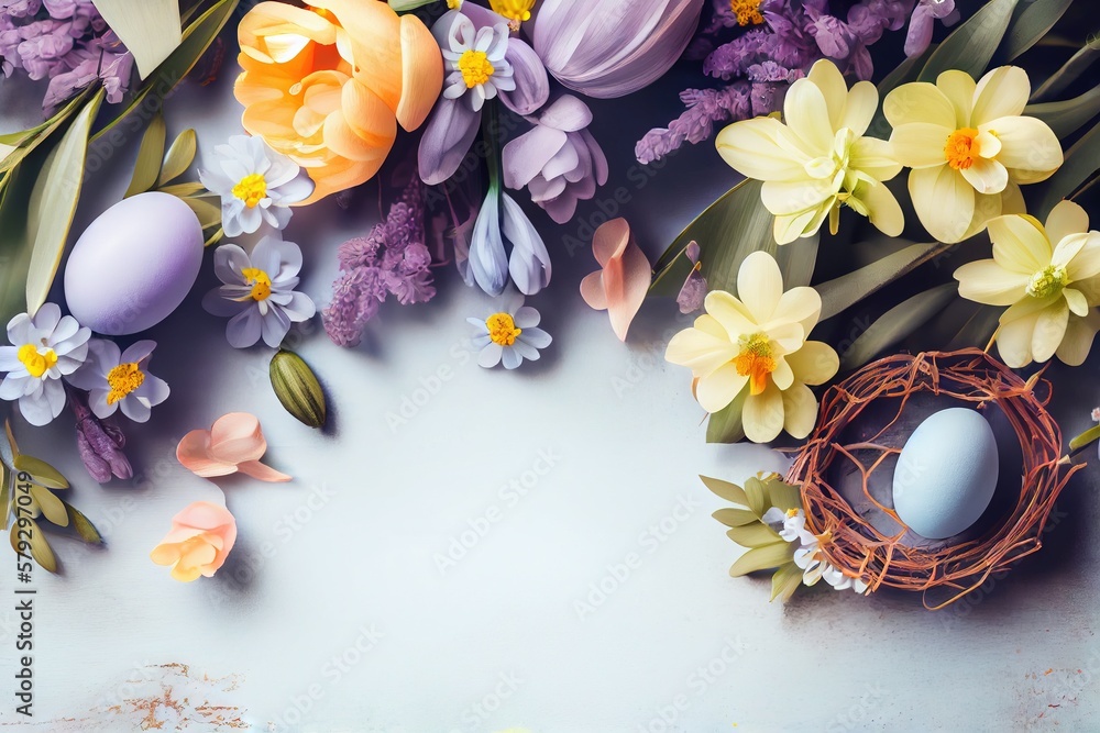 Easter background with copy space. Eggs, flowers, pastel colors ...