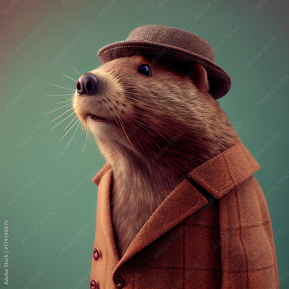 Realistic lifelike beaver in retro vintage pastel colourful, mod twiggy ...