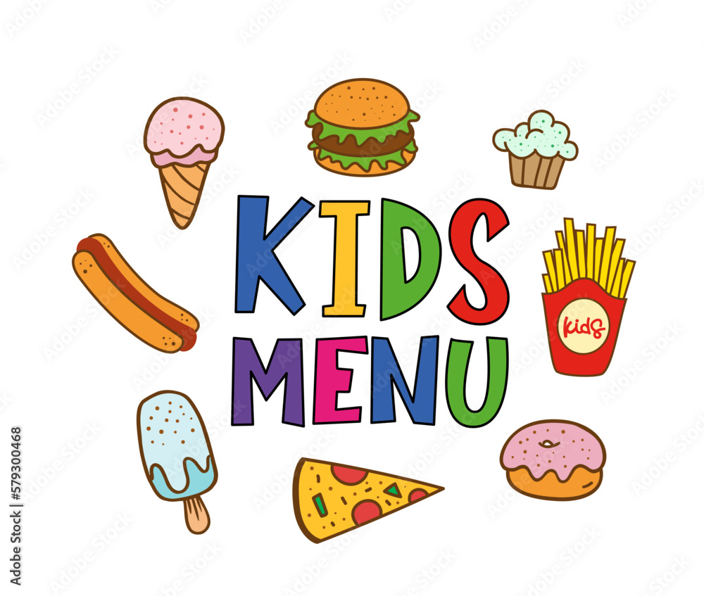 Kids menu. Logo for banner, flyer, poster design. Meal menu vector ...