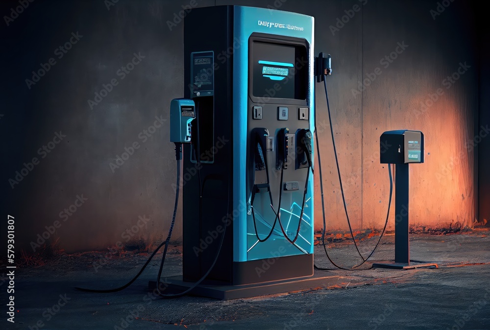 EV charging station in the city background. Business power and ...
