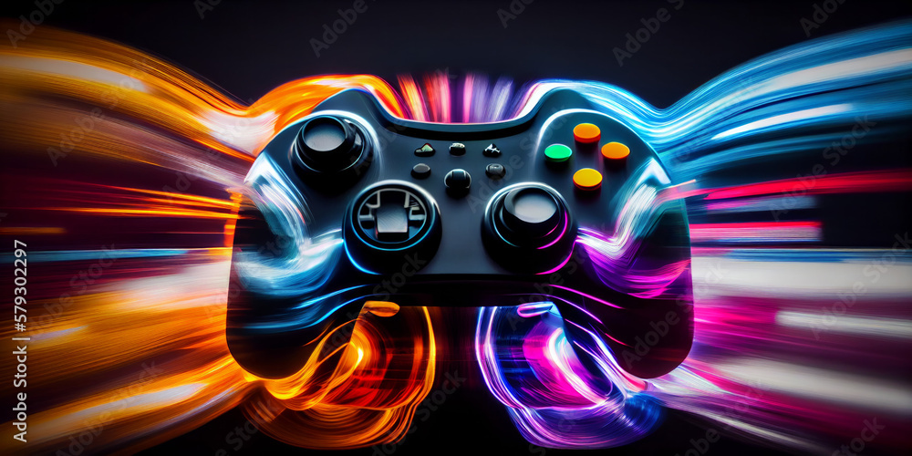 Video game controller with bright neon light streaks. Computer gamer ...