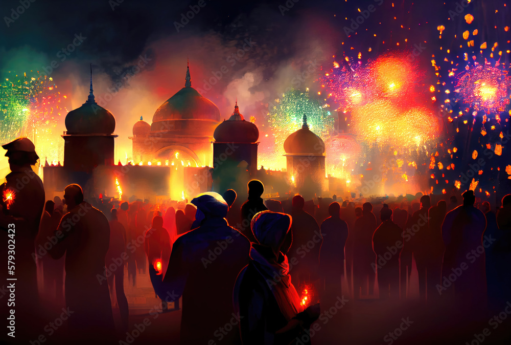 Indian crowd people in the Diwali the festival of lights in the night ...