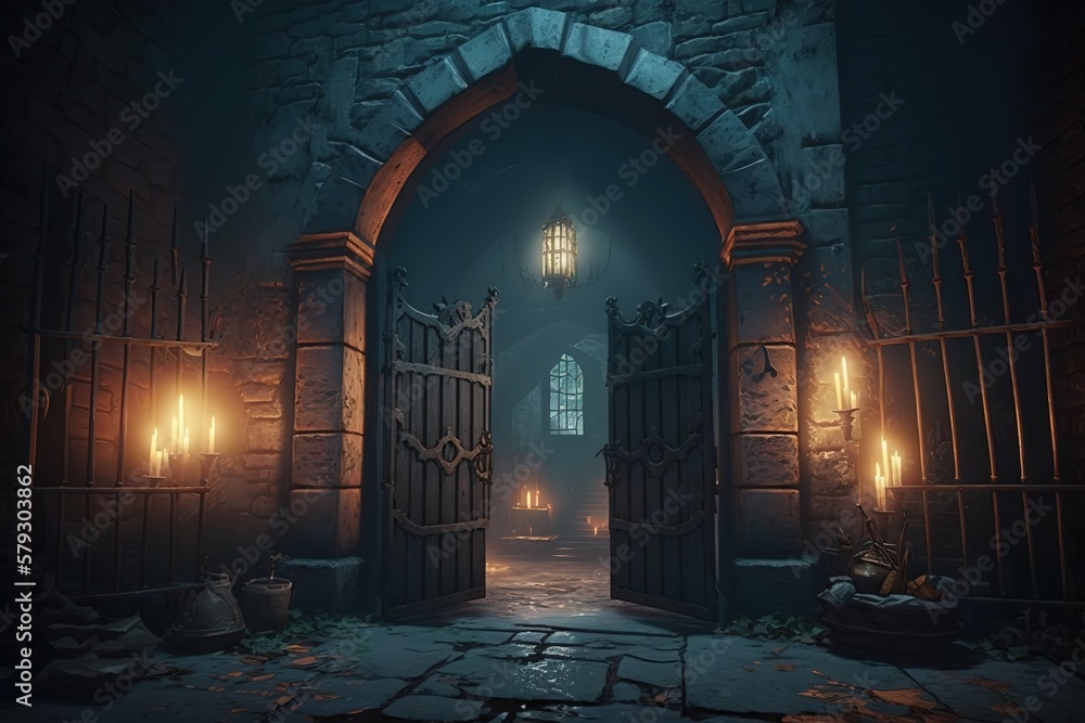 An old dungeon, the interior of a castle prison with a door, stone ...