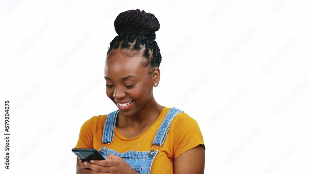 Smile, laugh and happy black woman with phone on white background for ...