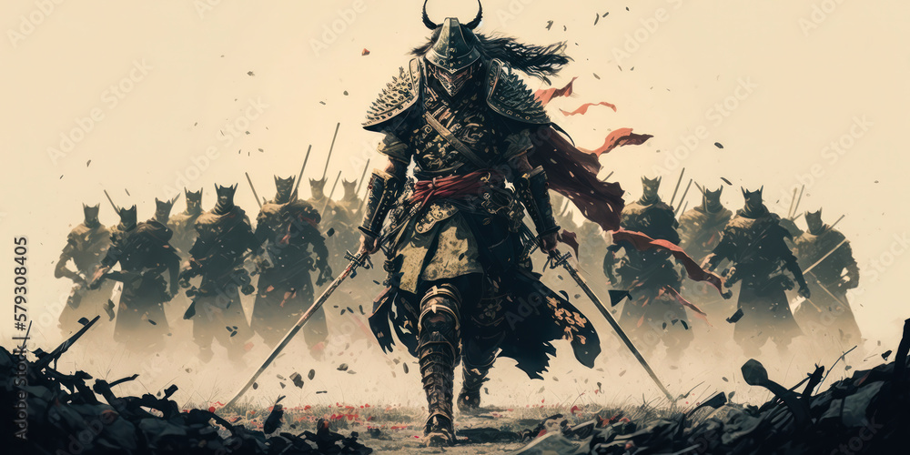 Medieval Japanese warrior fighter with traditional Japanese armour, on ...