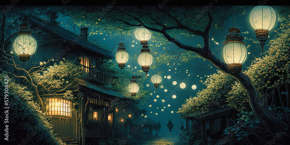 Street of a traditional Japanese village at night illuminated by ...