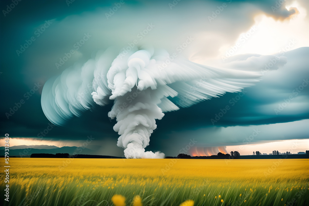 Dramatic landscape with dangerous and scary tornado in yellow-green ...