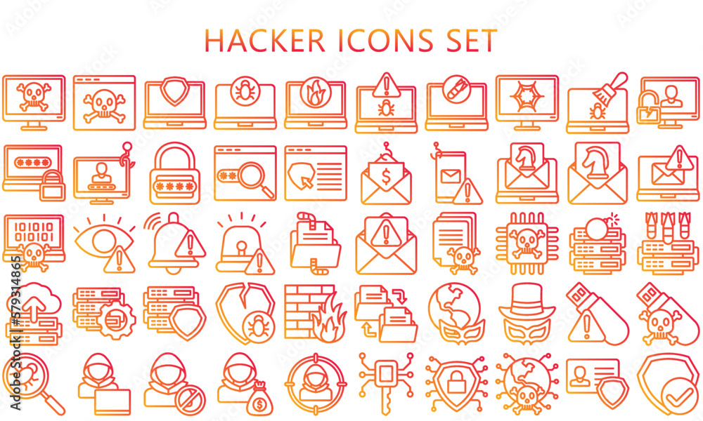 Vetor de Hacker gradient outline icons set. contain such as data, security, warning, phishing ...
