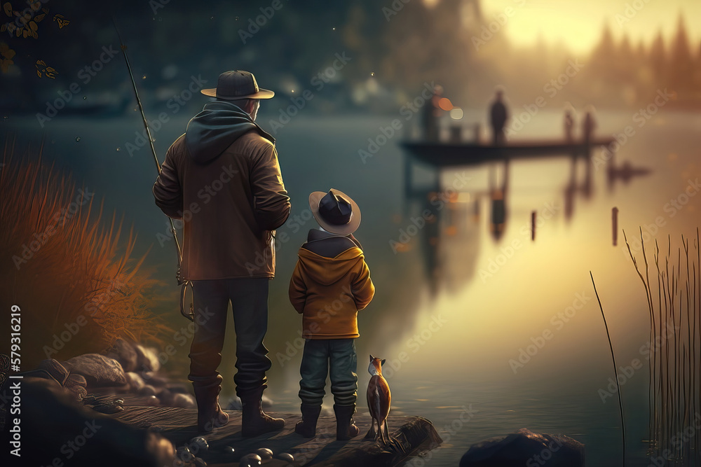AI generated illustration of father and his child fishing Stock ...