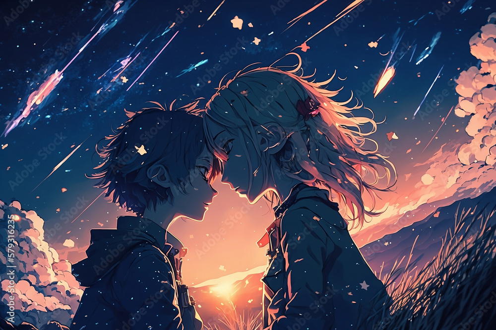 Starry Night Romance: Anime Couple Sharing a Kiss Under the Open Sky ...