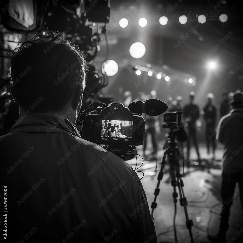Intimate, moody and atmospheric scene backstage at a concert. Black and ...